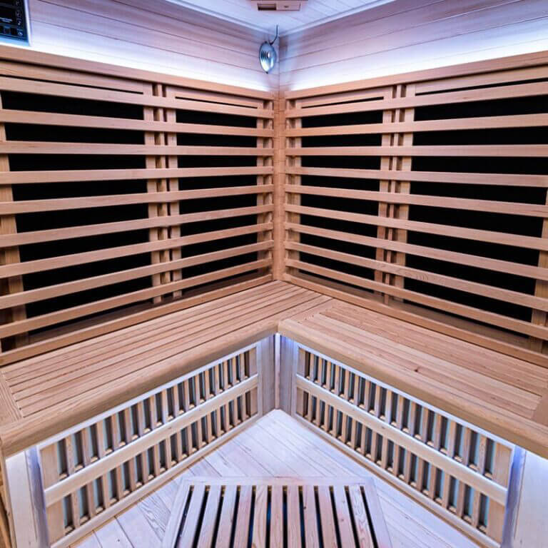 3-Person Corner Hybrid Series IR Sauna (20 amp) - Good Health Saunas